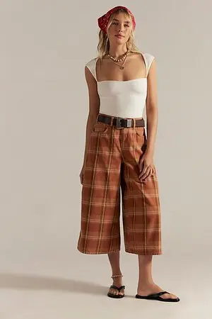Free People We The Free High Top Wide Leg Crop Plaid Jeans