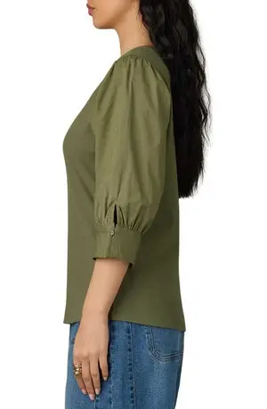 Wit & Wisdom Mixed Media Puff Sleeve Top - Celadon