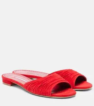 Manolo Blahnik Piruaflat Gathe Suede Slides - Red