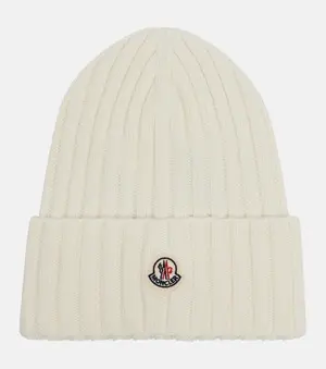 Moncler Logo Virgin Wool Beanie - White