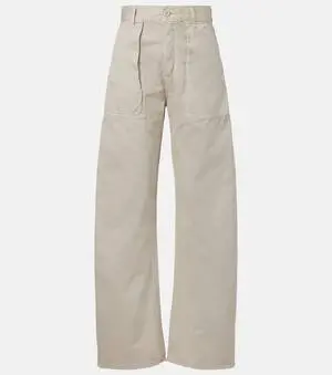 Beige Cotton Barrel-Leg Trousers