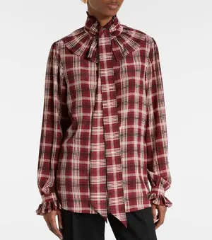 Saint Laurent Checked Silk Blouse - Red
