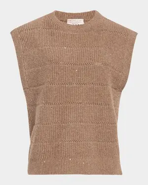 Brunello Cucinelli Openwork Knit Top With Paillette Embroidery - C507 Brown