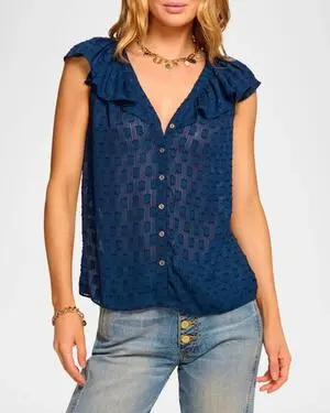 Ramy Brook Silvia Dot Ruffle-trim Top - Spring Navy Dot