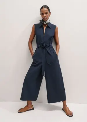 ME+EM Crease-less Linen Sleeveless Jumpsuit With Belt - Navy