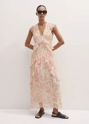 ME+EM Silk Lily Of The Valley Print Maxi Dress With Bandeau - Vanilla/red/multi