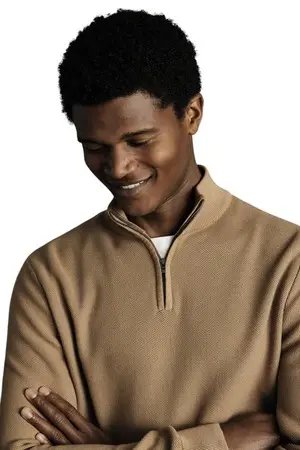 CHARLES TYRWHITT Cotton Zip Neck Sweater - Camel