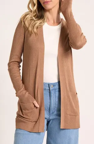 Matty M. Colfax Longline Open Front Cardigan Camel