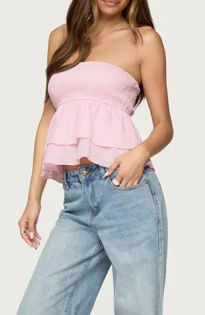 EDIKTED Toria Ruffled Eyelet Strapless Top - Light-pink
