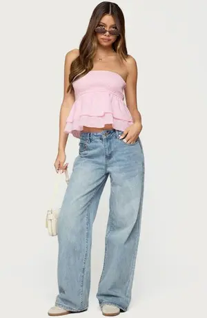 EDIKTED Toria Ruffled Eyelet Strapless Top - Light-pink