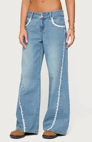 EDIKTED Alisha Lace Trim Wide Leg Jeans - Blue-washed