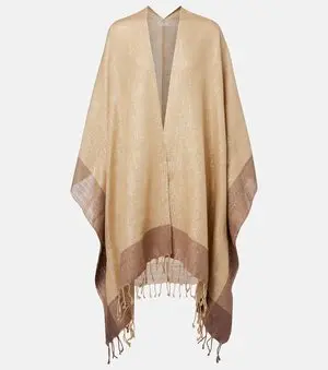Brunello Cucinelli Fringed Linen-blend Lamé Poncho - Beige