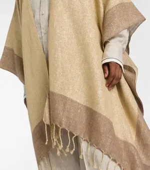 Brunello Cucinelli Fringed Linen-blend Lamé Poncho - Beige