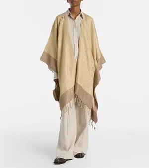 Brunello Cucinelli Fringed Linen-blend Lamé Poncho