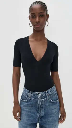 FLEUR DU MAL Cotton Deep V Thong Bodysuit - Black