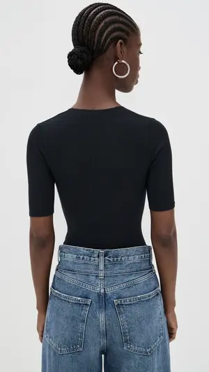 FLEUR DU MAL Cotton Deep V Thong Bodysuit - Black