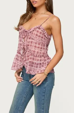 EDIKTED Ruffle Tie Front Chiffon Camisole