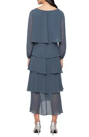 SL FASHIONS Beaded Long Sleeve Tiered Cocktail Dress
