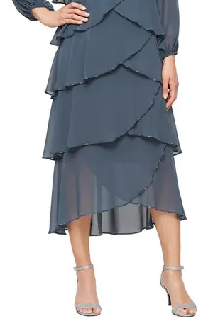 SL FASHIONS Beaded Long Sleeve Tiered Cocktail Dress