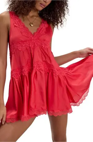 Free People Lace Trim Satin Slipdress - Poppy Red