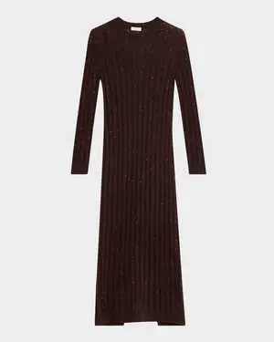 Brunello Cucinelli Mohair Paillette Cable Knit Maxi Sweater Dress - Red/brown