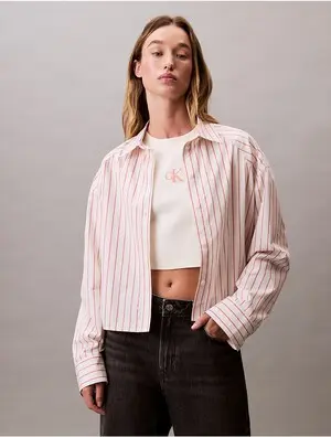 Calvin Klein Stripe Cropped Boxy Button-down Shirt - Chalk