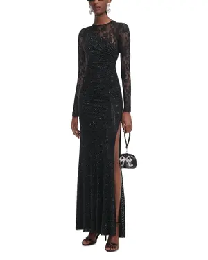 SELF-PORTRAIT Rhinestone Lace Sleeve Maxi Dress - Black