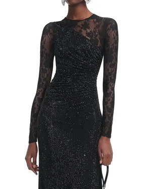 SELF-PORTRAIT Rhinestone Lace Sleeve Maxi Dress - Black