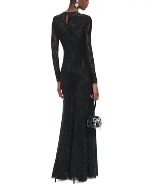 SELF-PORTRAIT Rhinestone Lace Sleeve Maxi Dress - Black