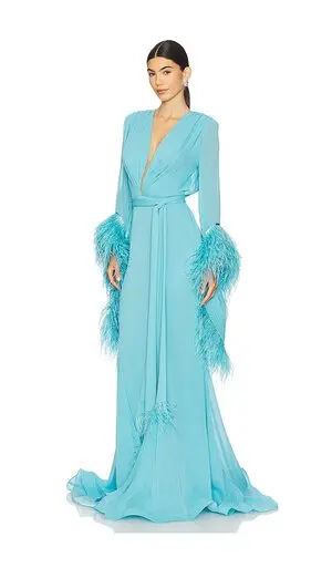 BRONX BANCO Geisha V Neck Gown With Feather Trim