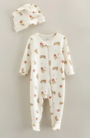 Nordstrom Print Zip Footie & Beanie Set - Ivory- Yellow Honey Bears