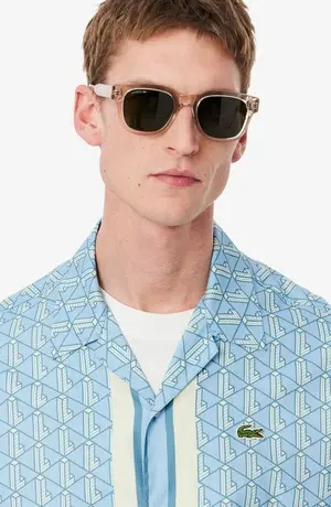 Lacoste Relaxed Fit Monogram Print Cotton Blend Camp Shirt