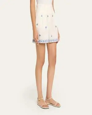 EMPORIO SIRENUSE Beatrice Astragal Embroidered Linen Shorts