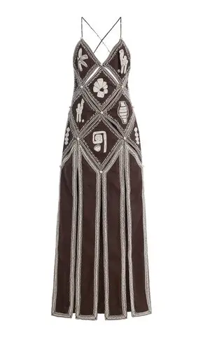ALEMAIS Leandra Embroidered Linen-silk Midi Dress - Brown