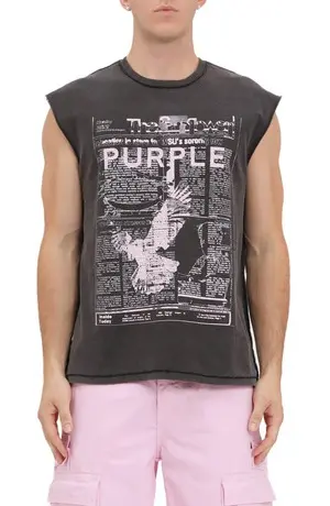 PURPLE BRAND Textured Jersey Sleeveless Graphic T-shirt - Black