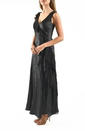 Komarov Side Ruffle Charmeuse & Chiffon Gown
