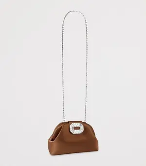 Amina Muaddi Satin Camelia Clutch Bag With Embellished Clasp And Chain Strap