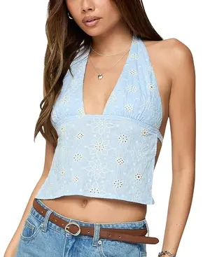 EDIKTED Floral Eyelet Backless Halter Top