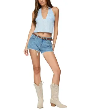 EDIKTED Floral Eyelet Backless Halter Top