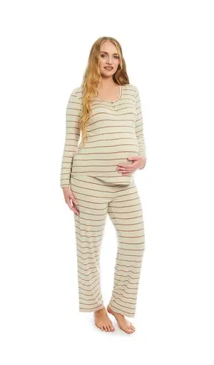 EVERLY GREY Laina During & After 2-piece Maternity/nursing Sleep Set - Mocha Stripe