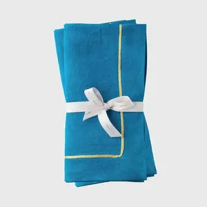 JOANNA BUCHANAN Gold Trim Linen Dinner Napkin - Dark Blue