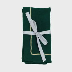 JOANNA BUCHANAN Gold Trim Linen Dinner Napkin - Dark Green