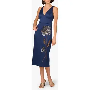 Aidan Mattox Beaded V-neck Midi Dress - Navy