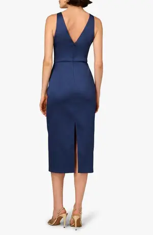 Aidan Mattox Beaded V-neck Midi Dress - Navy