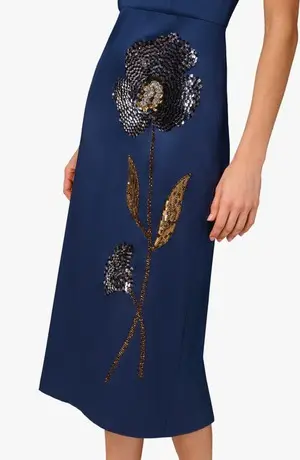 Aidan Mattox Beaded V-neck Midi Dress - Navy