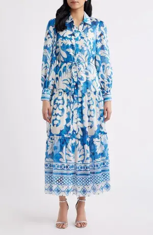 Julia Jordan Mixed Print Tiered Shirtdress - Blue Multi
