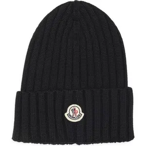 Moncler Logo Patch Ribbed Wool Beanie - Black