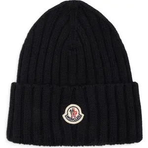 Moncler Logo Patch Ribbed Wool Beanie Black/black