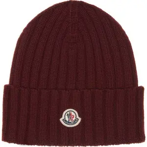 Moncler Logo Patch Ribbed Wool Beanie Fire Red