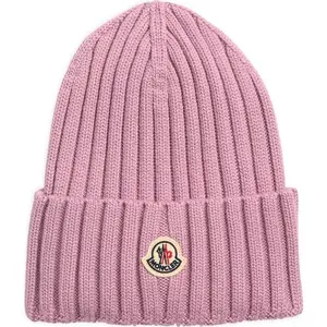 Moncler Logo Patch Ribbed Wool Beanie - Pink